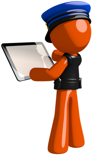 Orange Man Police Officer Viewing Tablet Computer Back - Police ...