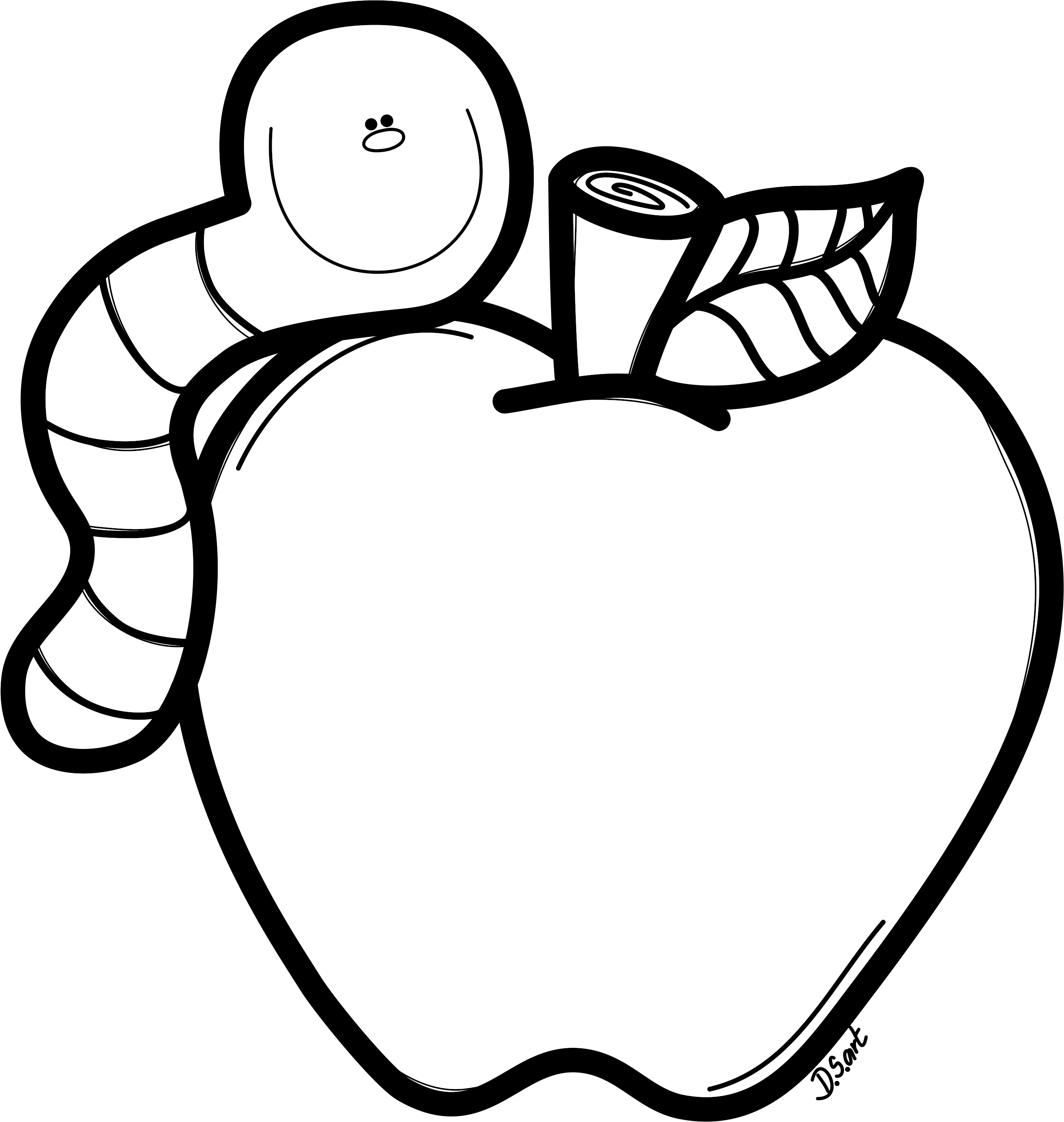 Black And White Coloring Page Of Apple And Worm - Black And White ...
