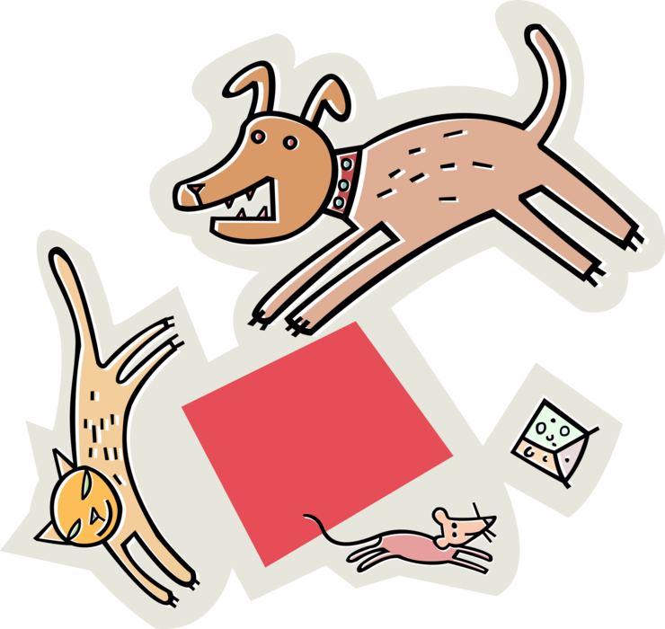 Vector Illustration Of Dog Chasing Cat, Chasing Mouse, - Dog Cat Mouse ...