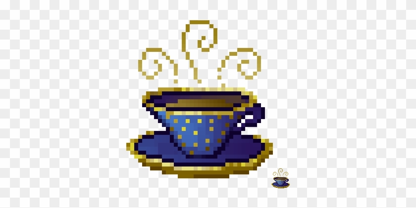 Blue Pixeled Teacup With Gold Details - Pixel Art Tea Cup - Full Size ...