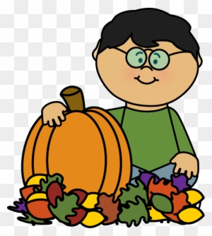 Boy Sitting In Leaves With Pumpkin Clip Art - Fall Kids Clipart - Free ...