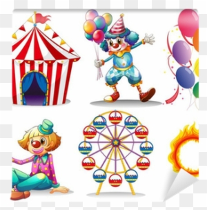 A Circus Tent, Clowns, Ferris Wheel, Balloons And A - Painel Lona ...