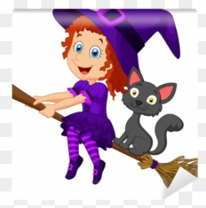 Cartoon Young Witch Flying On Her Broom Wall Mural - Brujitas Y Escobas ...