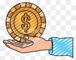 Color Crayon Silhouette Hand Palm Giving A Coin With - Vector Graphics ...