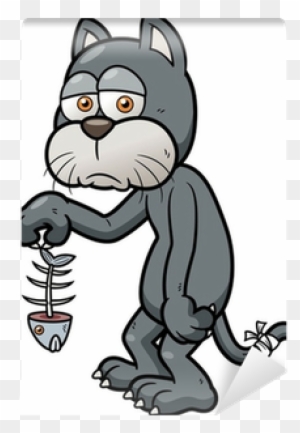 Vector Illustration Of Cat Holding Fishbone Wall Mural - Cat With Fish ...