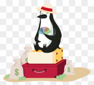 Percy Penguin On The Beach With Suitcases And Cash - Canadian Imperial ...