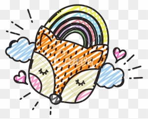 Doodle Fox Head With Rainbow Clouds And Hearts - Rainbow - Free ...