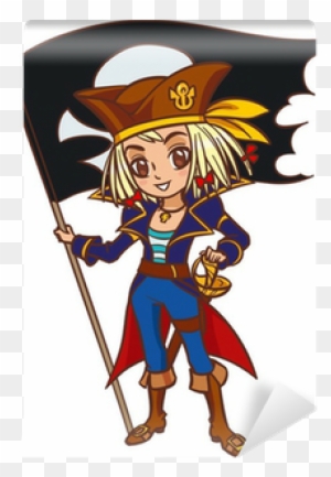Chibi Cartoon Captain Pirate Girl With Jolly Roger - Cartoon Female ...